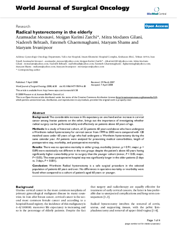 (PDF) Radical Hysterectomy Safety for Elderly with Cervical Cancer