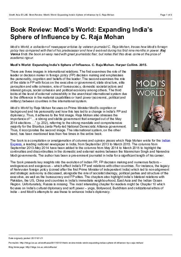 (PDF) Review : Modi ’ s World : Expanding India ’ s Sphere of Influence ...