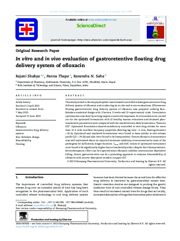 Pdf In Vitro And In Vivo Evaluation Of Gastroretentive Floating Drug Delivery System Of Ofloxacin
