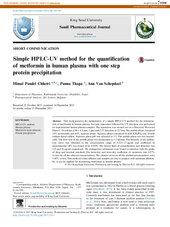 Pdf Simple Hplc Uv Method For The Quantification Of Metformin In