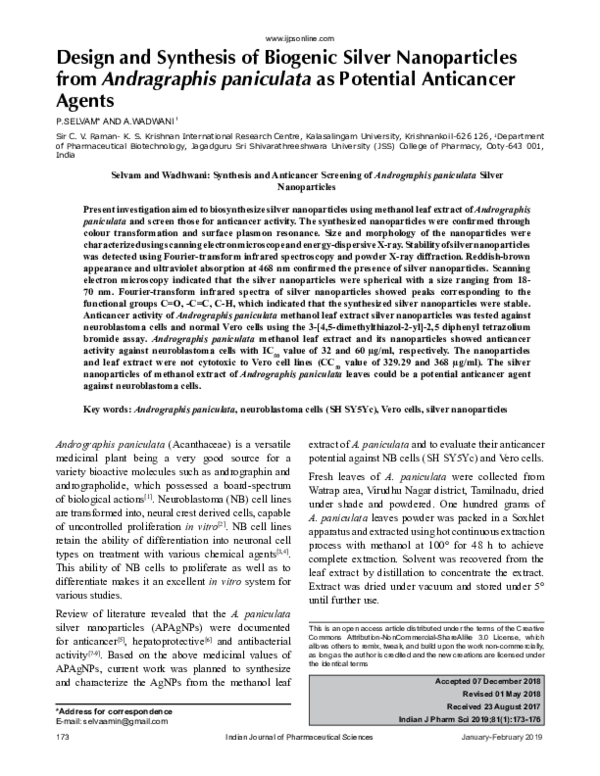 (PDF) Design and Synthesis of Biogenic Silver Nanoparticles from Andragraphis paniculata as ...