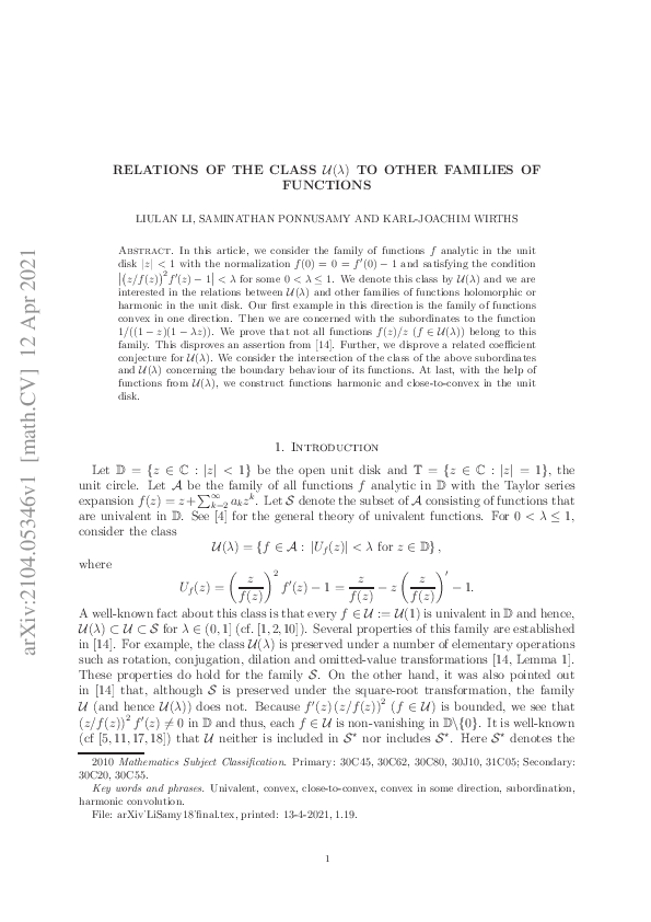 (PDF) Relations of the Class $$\mathcal {U}(\lambda )$$ to Other ...