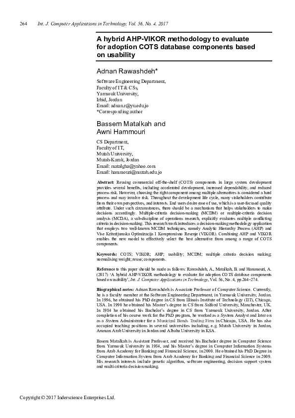 (PDF) A hybrid AHP-VIKOR methodology to evaluate for adoption COTS database components based on ...