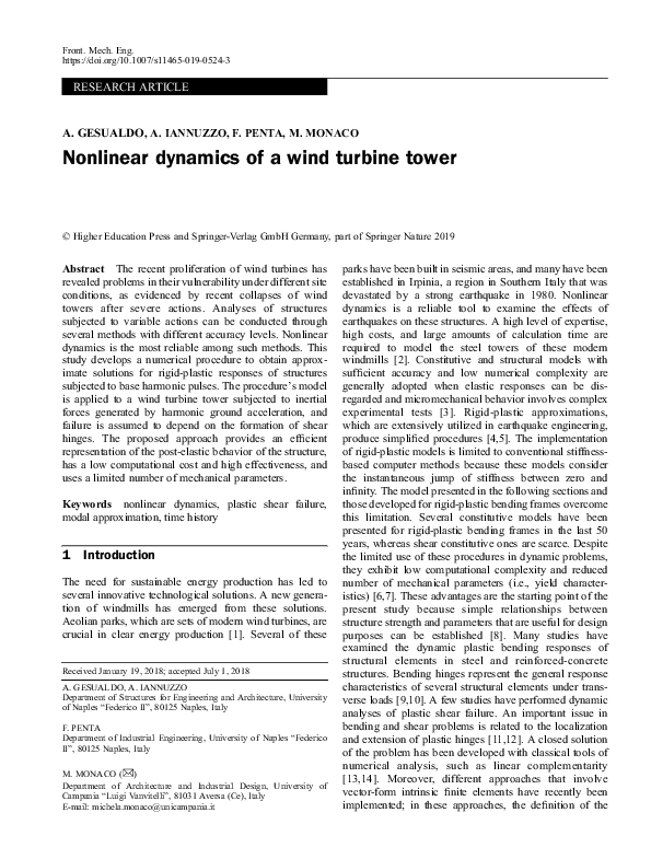 (PDF) Nonlinear dynamics of a wind turbine tower