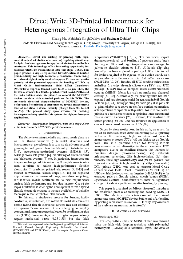 Pdf Direct Write 3d Printed Interconnects For Heterogenous Integration Of Ultra Thin Chips