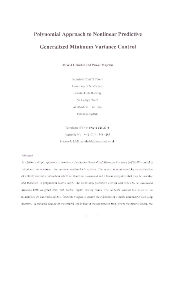 Pdf Polynomial Approach To Non Linear Predictive Generalised Minimum Variance Control 