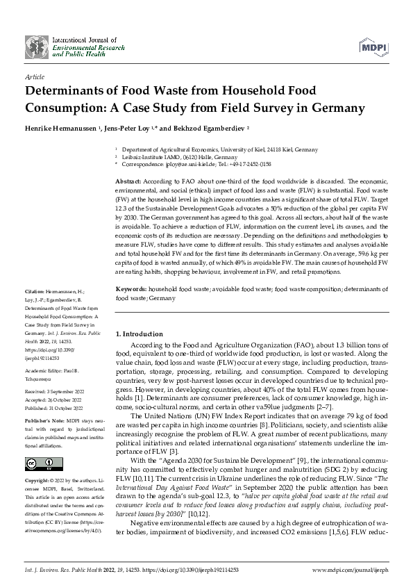 (PDF) Determinants of Food Waste from Household Food Consumption: A ...