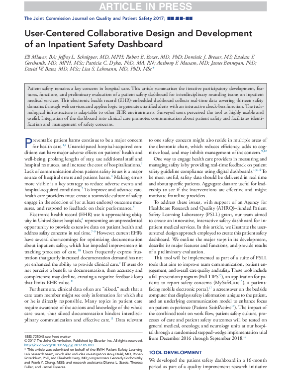 (PDF) User-Centered Collaborative Design and Development of an Inpatient Safety Dashboard