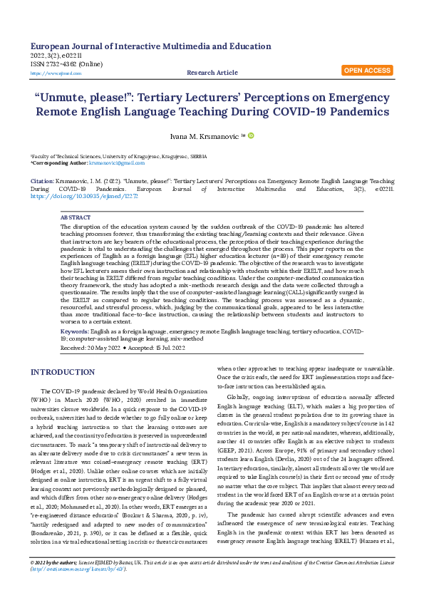 (PDF) “Unmute, please!’’: Tertiary Lecturers’ Perceptions on Emergency ...