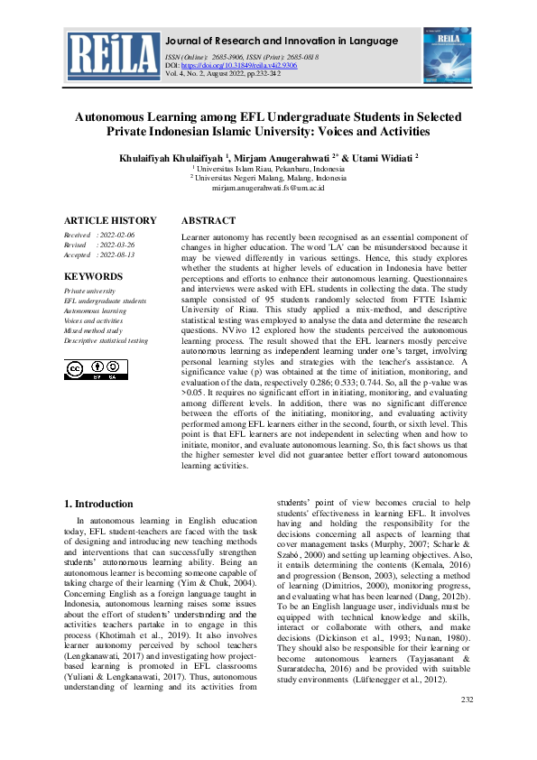 (PDF) Autonomous Learning among EFL Undergraduate Students in Selected Private Indonesian ...