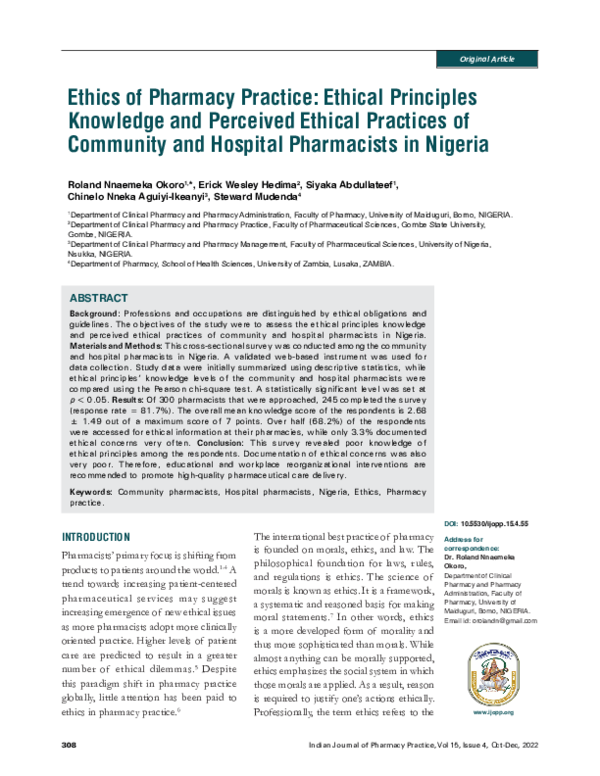 (PDF) Ethics of Pharmacy Practice: Ethical Principles Knowledge and Perceived Ethical Practices ...