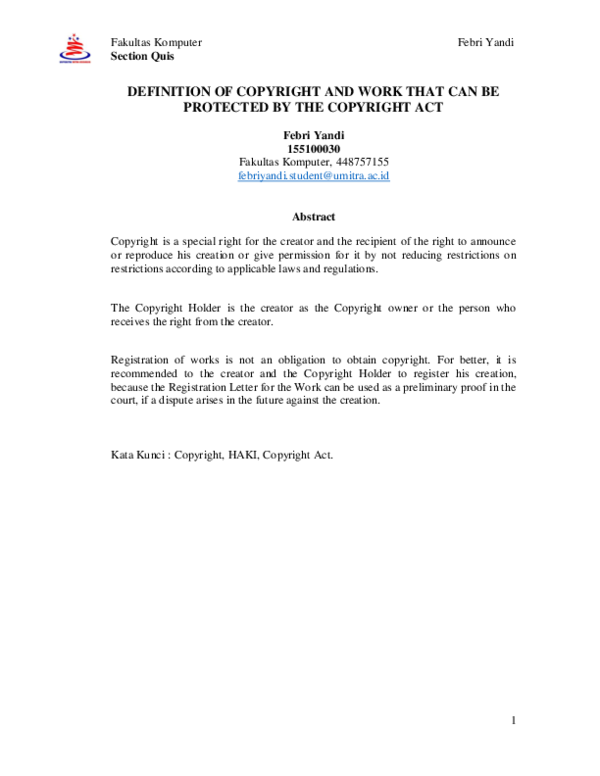 (PDF) Definition of Copyright and Work That Can Be Protected by the ...