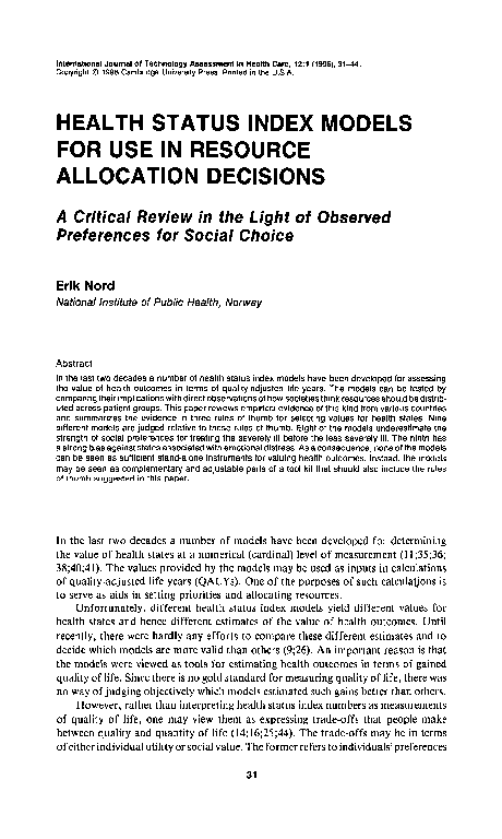 (PDF) Health Status Index Models for Use in Resource Allocation Decisions: A Critical Review in ...