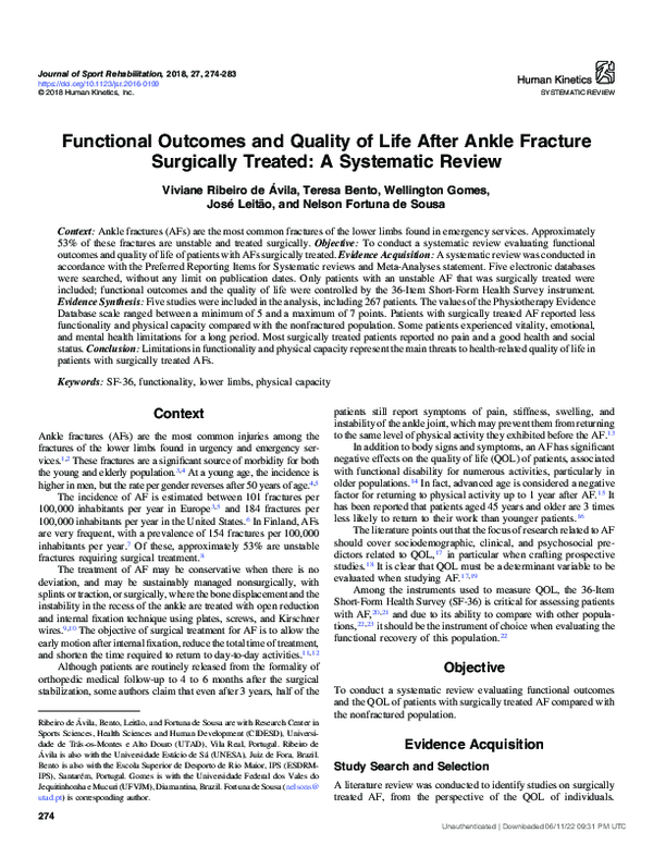 Pdf Functional Outcomes And Quality Of Life After Ankle Fracture