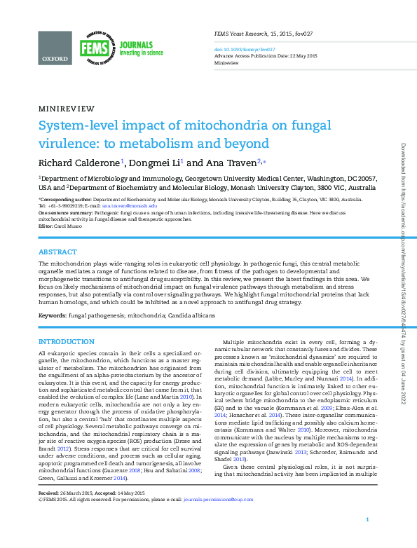 (PDF) System-level impact of mitochondria on fungal virulence: to ...