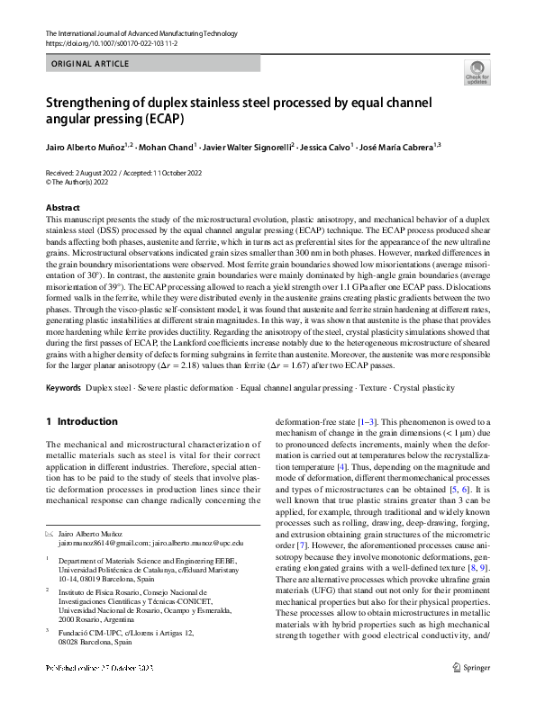 (PDF) Strengthening of duplex stainless steel processed by equal channel angular pressing (ECAP)
