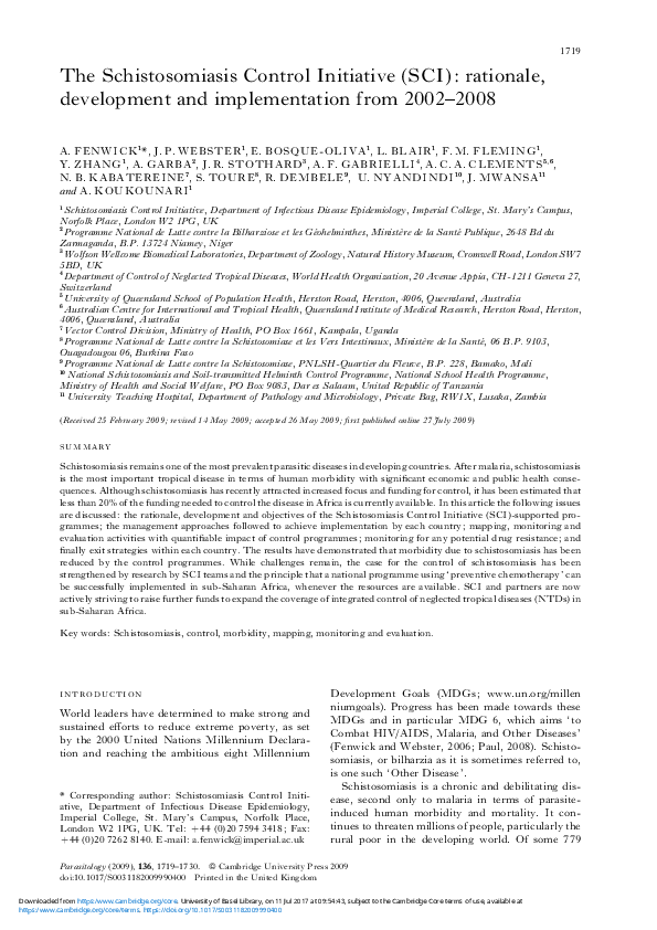 (PDF) The Schistosomiasis Control Initiative (SCI): rationale, development and implementation ...