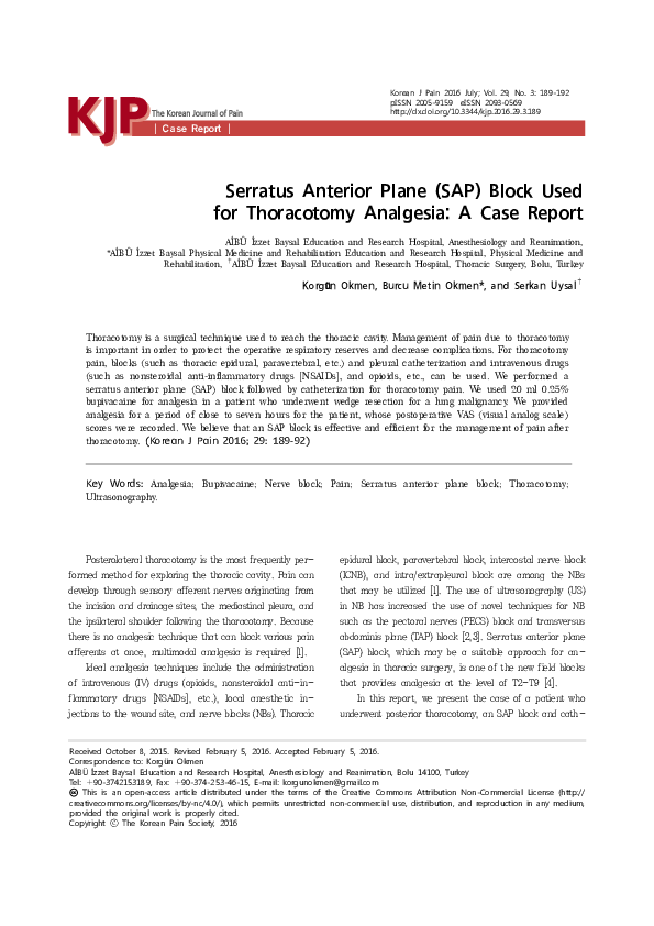 (PDF) Serratus Anterior Plane (SAP) Block Used for Thoracotomy ...