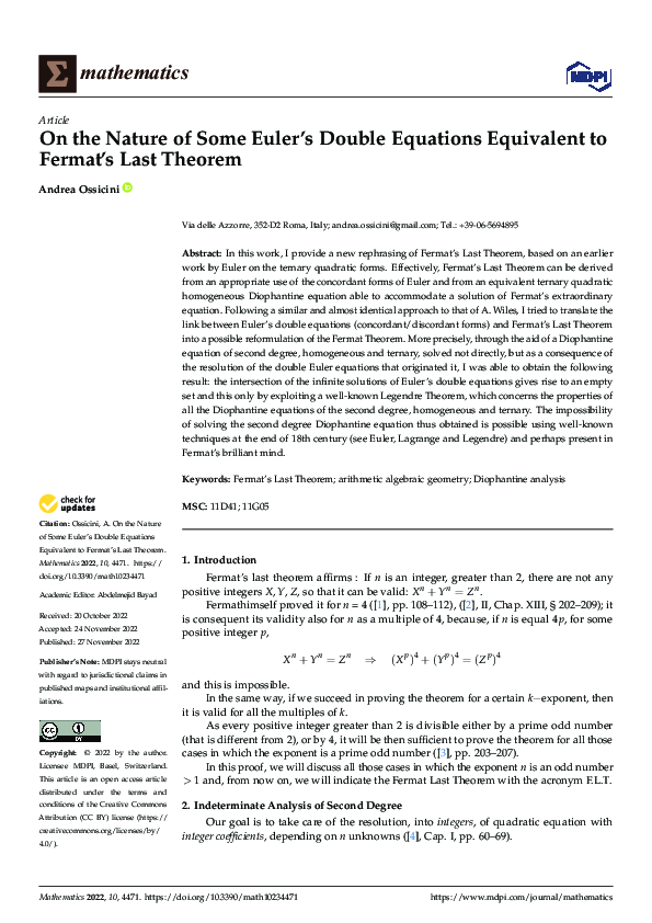 (PDF) On the Nature of Some Euler’s Double Equations Equivalent to ...