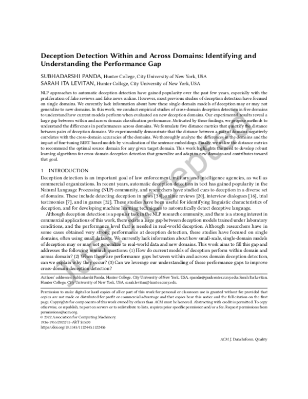 (PDF) Deception Detection Within and Across Domains: Identifying and Understanding the ...