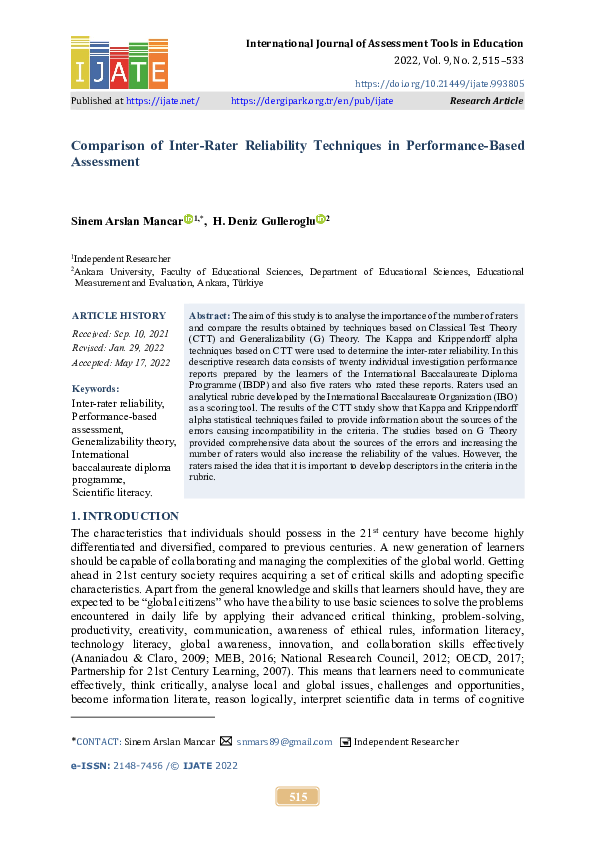 (PDF) Comparison of Inter-Rater Reliability Techniques in Performance-Based Assessment