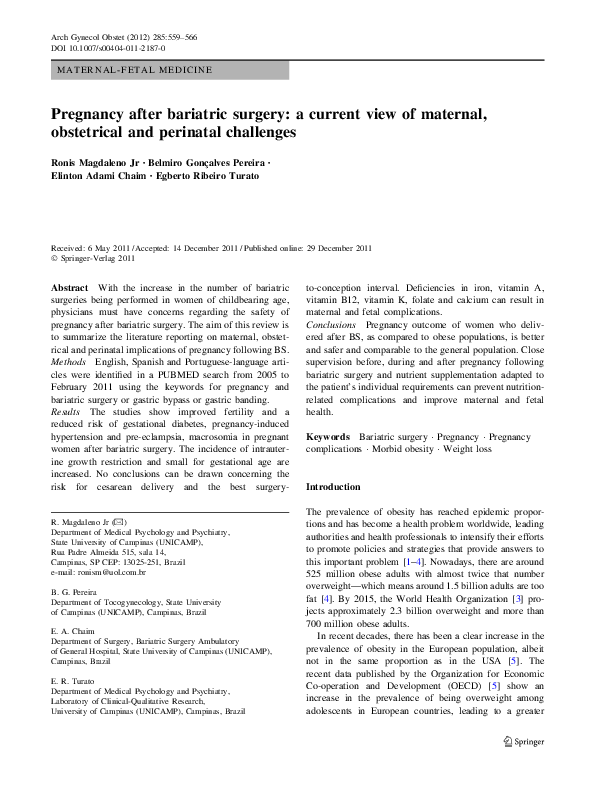 (PDF) Pregnancy after bariatric surgery: a current view of maternal, obstetrical and perinatal ...