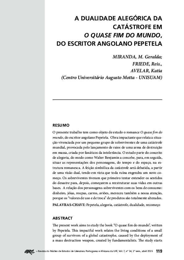 (PDF) A dualidade alegórica da catástrofe em ‘O quase fim do mundo’, do ...