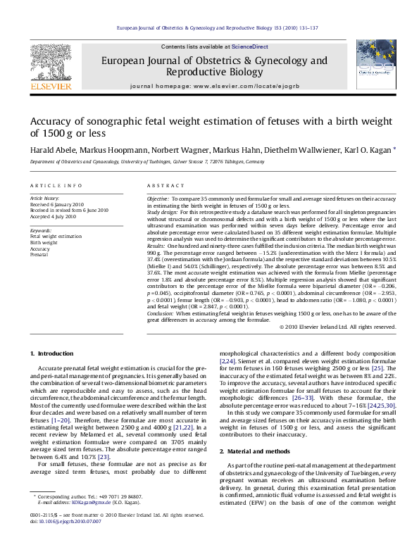(PDF) Accuracy of sonographic fetal weight estimation of fetuses with a birth weight of 1500g or ...