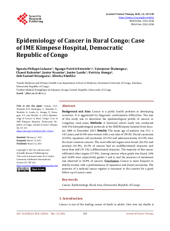 (PDF) Epidemiology of Cancer in Rural Congo: Case of IME Kimpese ...