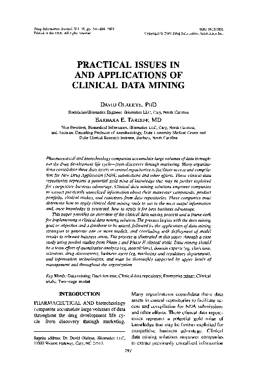 (PDF) Practical Issues in and Applications of Clinical Data Mining | David Adewumi Olaleye ...
