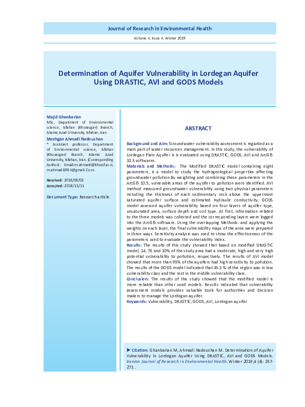 (PDF) Determination of aquifer vulnerability in Lordegan aquifer using DRASTIC, AVI and GODS Models