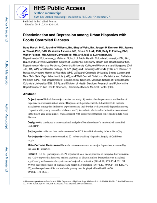(PDF) Discrimination and Depression among Urban Hispanics with Poorly ...