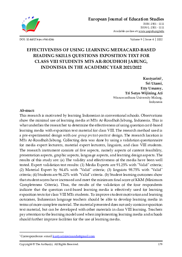(PDF) Effectiveness of Using Learning Mediacard-Based Reading Skills Questions Exposition Text ...