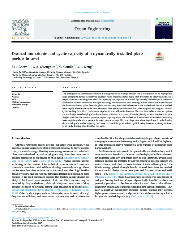 Pdf Drained Monotonic And Cyclic Capacity Of A Dynamically Installed Plate Anchor In Sand