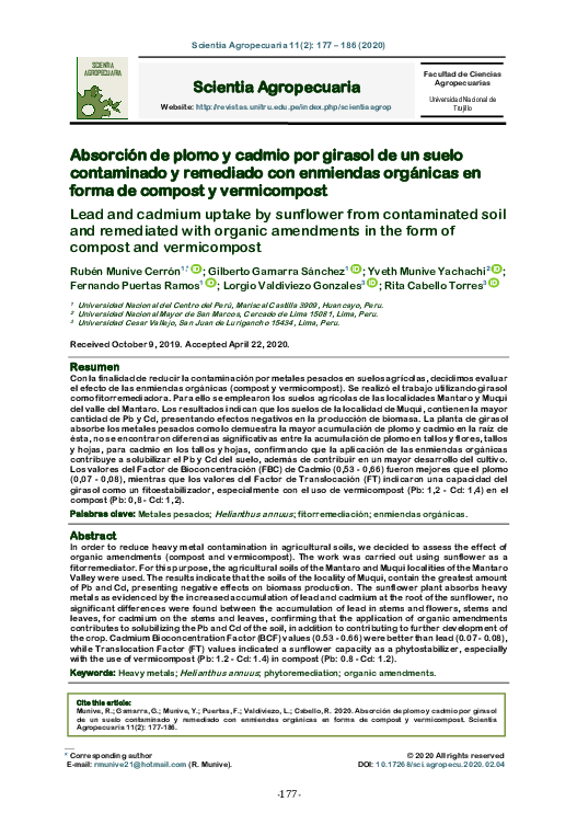 (PDF) Lead and cadmium uptake by sunflower from contaminated soil and remediated with organic ...