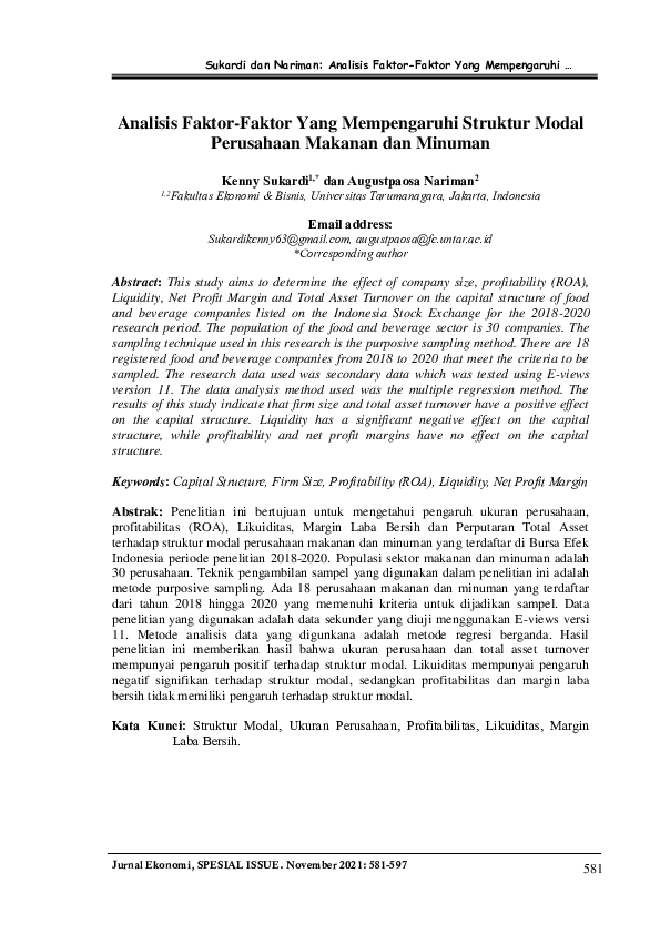 (PDF) Analisis Faktor-Faktor Yang Mempengaruhi Struktur Modal Pada Perusahaan Manufaktur Yang ...