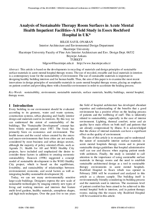 (PDF) Analysis of Sustainable Therapy Room Surfaces in Acute Mental ...