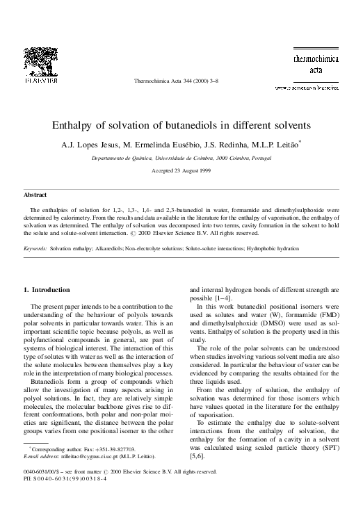 (PDF) Enthalpy of solvation of butanediols in different solvents