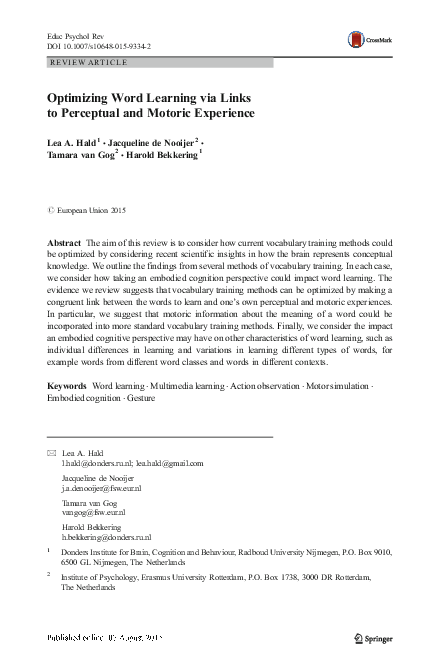 (PDF) Optimizing Word Learning via Links to Perceptual and Motoric Experience
