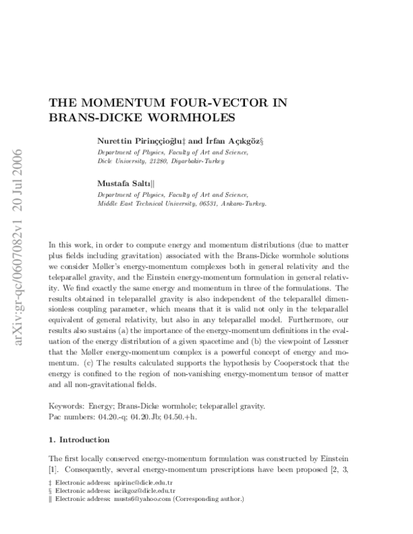 (PDF) The Momentum Four-Vector in Brans–Dicke Wormholes