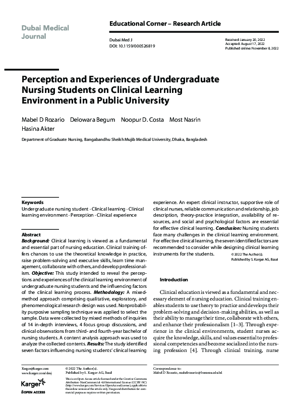 (PDF) Perception and Experiences of Undergraduate Nursing Students on Clinical Learning ...