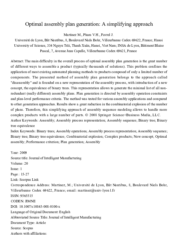(PDF) Optimal assembly plan generation: a simplifying approach