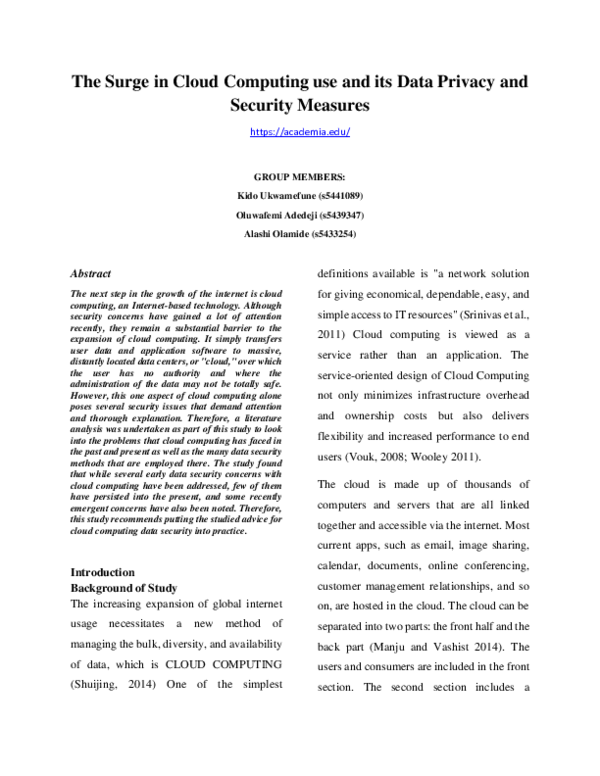 (PDF) The Surge in Cloud Computing use and its Data Privacy and Security Measures