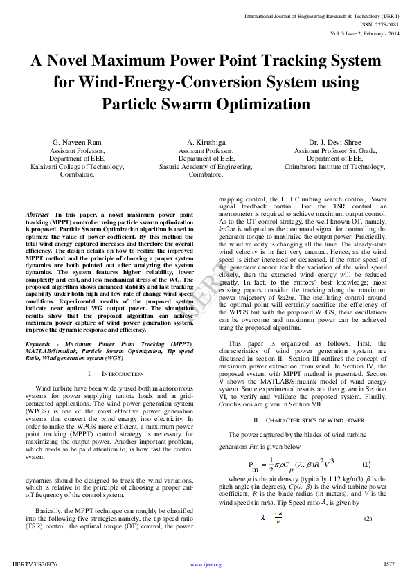 (PDF) A Novel Maximum Power Point Tracking System for Wind-Energy-Conversion System using ...