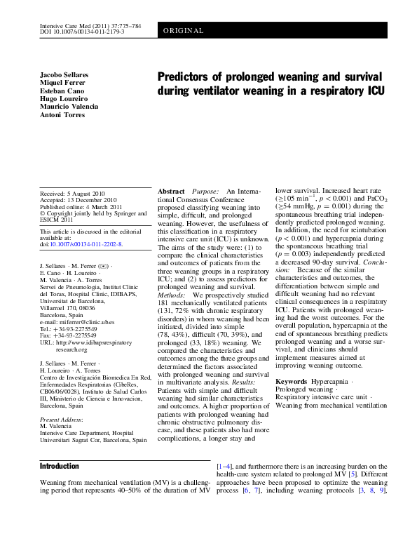 (PDF) Predictors of prolonged weaning and survival during ventilator ...