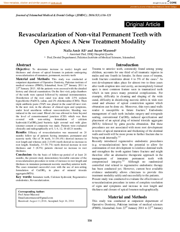 (PDF) Revascularization of Non-vital Permanent Teeth with Open Apices ...