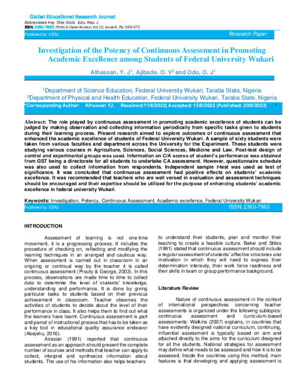 (PDF) Investigation of the Potency of Continuous Assessment in ...