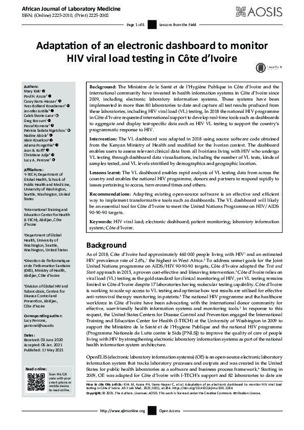 Pdf Adaptation Of An Electronic Dashboard To Monitor Hiv Viral Load Testing In Côte Divoire