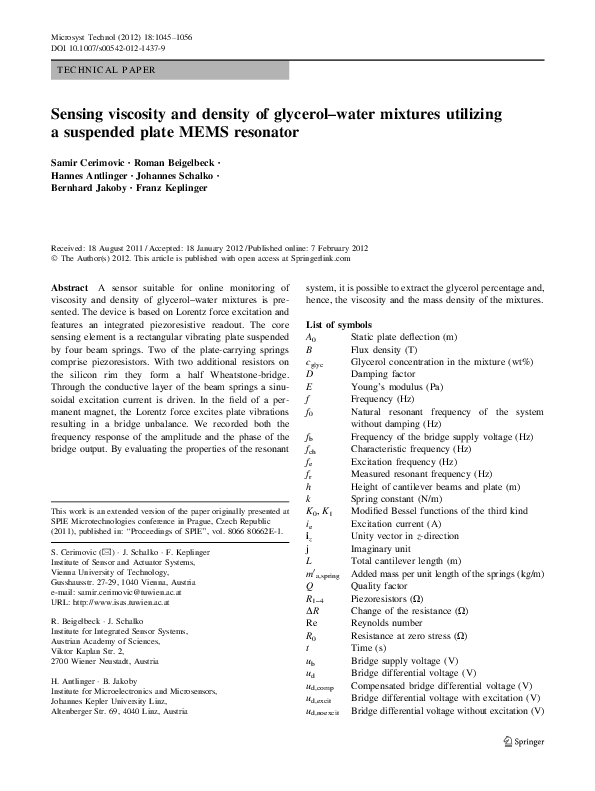 (PDF) MEMS Resonator for Glycerol-Water Mixture Sensing