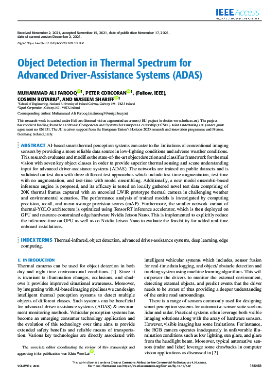 Pdf Object Detection In Thermal Spectrum For Advanced Driver Assistance Systems Adas